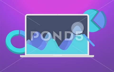 Laptop with wave charts, magnifying glass, and pie chart icons on the ...
