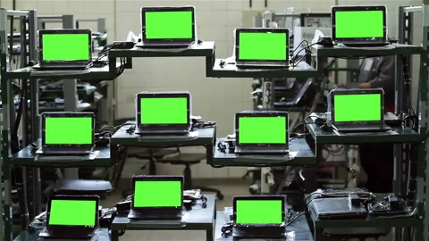 Laptops with Green Screens inside a Comp... | Stock Video | Pond5