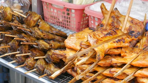 Large counter with various Fried fish an... | Stock Video | Pond5
