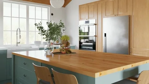 Large green U-shaped kitchen with island... | Stock Video | Pond5