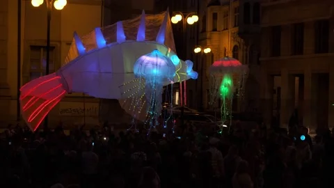 Large objects with led lights pass throu... | Stock Video | Pond5