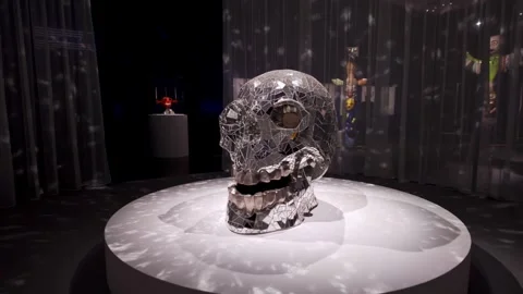 Large shiny skull sculpture exhibited at... | Stock Video | Pond5