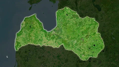 Latvia map - solid. Glow. Satellite. Lab... | Stock Video | Pond5