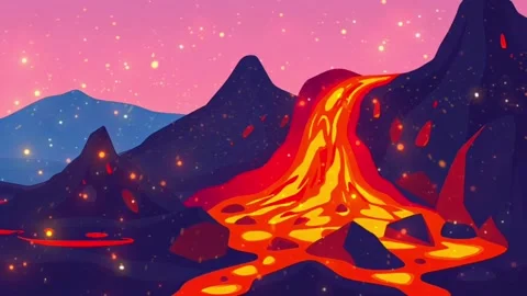 Lava flow with mountains cartoon backgro... | Stock Video | Pond5