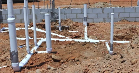 Laying PVC plastic pipes in ground durin... | Stock Video | Pond5