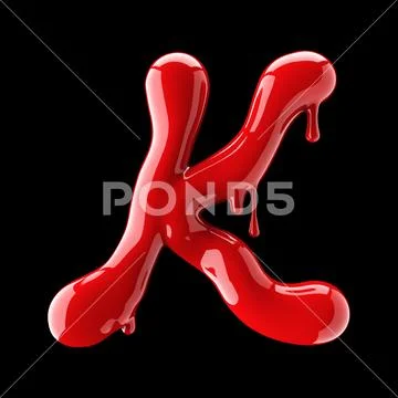 Leaky red alphabet on black background. Handwritten cursive letter K ...