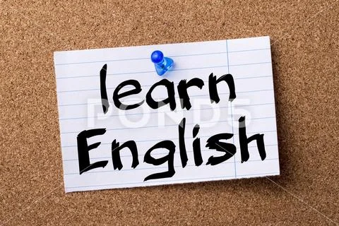 Learn English - teared note paper pinned on bulletin board Stock Photo ...