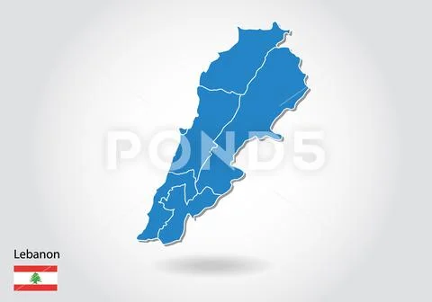 Lebanon map design with 3D style. Blue Lebanon map and National flag ...