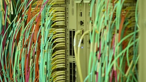 LED lights in a server rack with fiber o... | Stock Video | Pond5