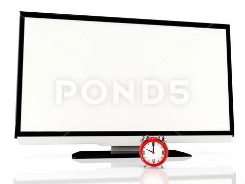 LED tv and alarm clock on white background. 3D rendering: Graphic #94377509