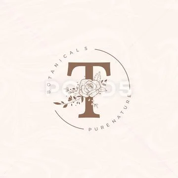 Letter T Botanical Flowers . Initial Wedding Monogram Font Logo. Circle ...