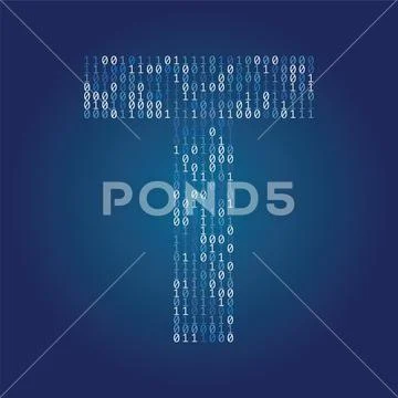 Letter T font made from binary code digits on a dark blue background ...
