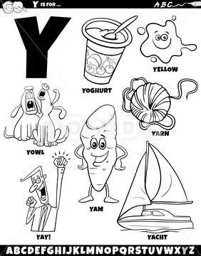 Letter Y set with cartoon objects and characters coloring page: Graphic ...
