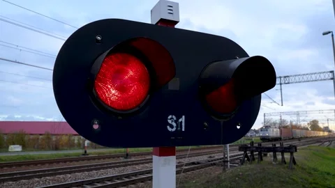 Level crossing red signals on railroad c... | Stock Video | Pond5