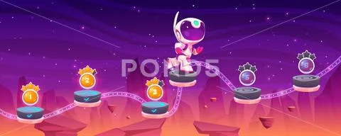Level map for game with astronaut run on platforms Illustration #205815184