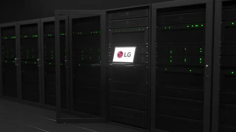 LG logo on the screen in a modern server... | Stock Video | Pond5