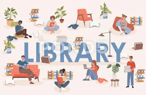 Library word vector flat poster design. People sitting and studying ...