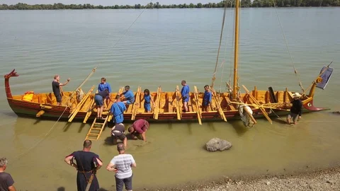 Liburna roman warship on the Danube rive... | Stock Video | Pond5