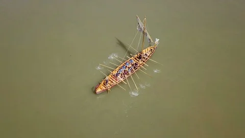 Liburna roman warship on the Danube rive... | Stock Video | Pond5