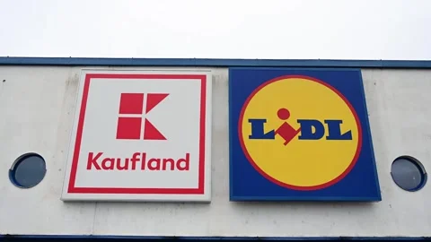 Lidl and Kaufland signs on market. Logo ... | Stock Video | Pond5
