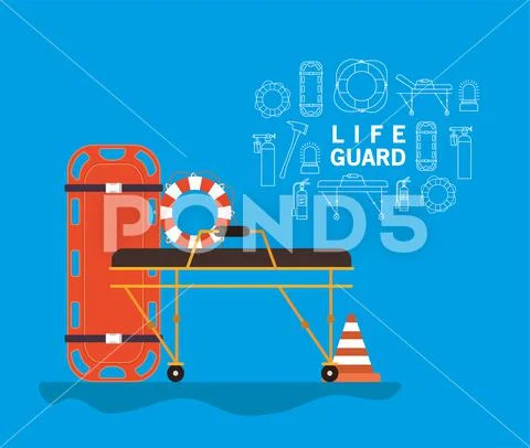 Lifeguard stretcher lifebuoy and cone vector design Illustration #131099924