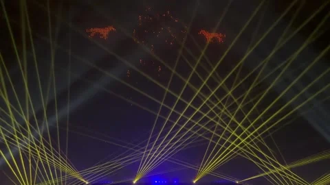 Light show: lasers, drones, fireworks at... | Stock Video | Pond5