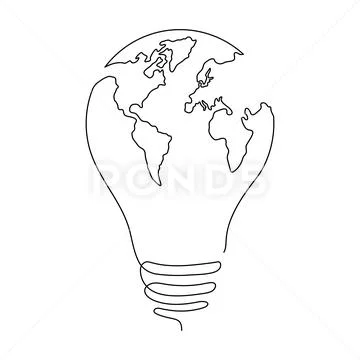 Lightbulb with Earth map one continuous line drawing.: Royalty Free ...