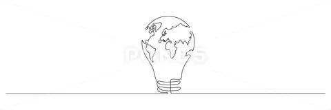 Lightbulb with Earth map one continuous line drawing.: Graphic #226588677
