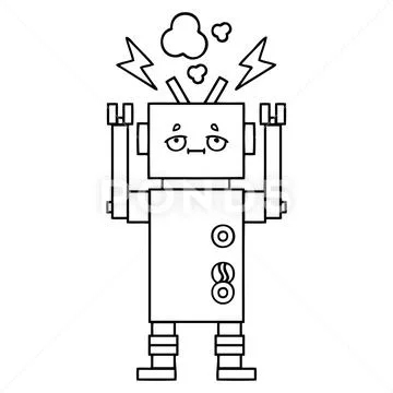 Line drawing cartoon malfunctioning robot ~ Clip Art #103672827