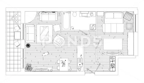 Line drawing floor plan on a white background, Mock up of furnished ...