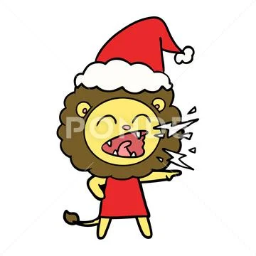 Line drawing of a roaring lion girl wearing santa hat Illustration ...