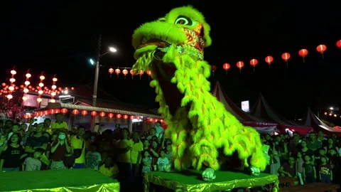 Lion dance on bench during chinese new y... | Stock Video | Pond5