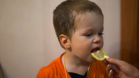 Little baby boy biting a lemon wedge,whi... | Stock Video | Pond5