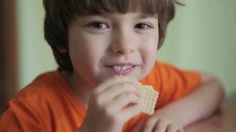 Little Boy Eating a Cookie. Looking at C... | Stock Video | Pond5