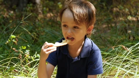 A little boy has a snack while resting i... | Stock Video | Pond5