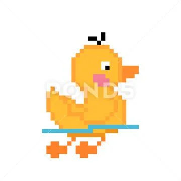 Little duck pixels swimming on the water. Vector illustration for 8 bit ...