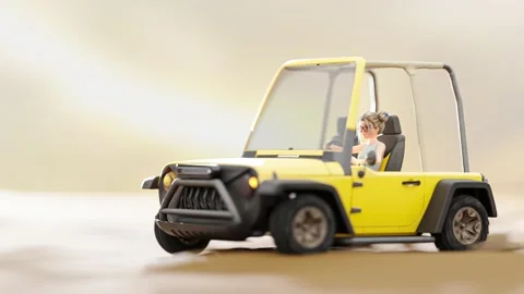 Little girl drives yellow car in desert ... | Stock Video | Pond5