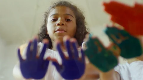 Little Girls Leaving Handprints on Glass | Stock Video | Pond5