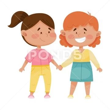 Little Red Cheeked Girls Holding Hands Vector Illustration: Graphic ...