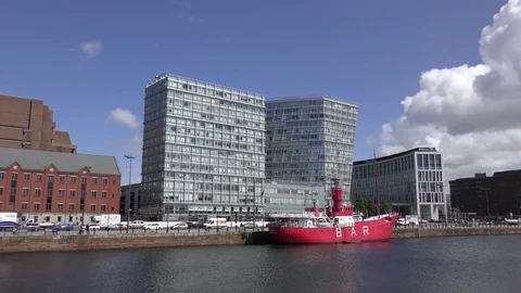 Liverpool docks red ship blue sky | Stock Video | Pond5