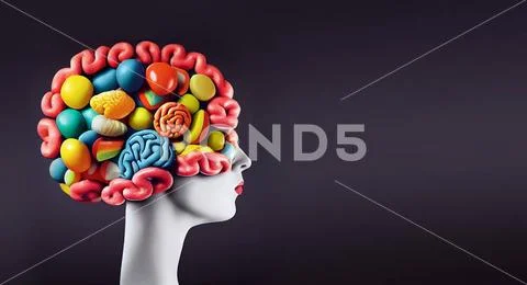 Llustration of a brain made from sweet colorful candys, unhealthy food ...