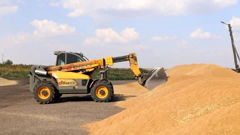 Loader bucket loading grain close up. Bi... | Stock Video | Pond5