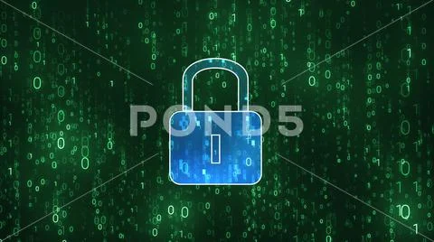 Lock Cyber Security Key in Matrix Binary Code Random Number Falling ...