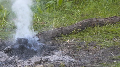 A log in a dying smoking fire on backgro... | Stock Video | Pond5