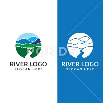 Logos of rivers, creeks, riverbanks and streams. River logo with ...