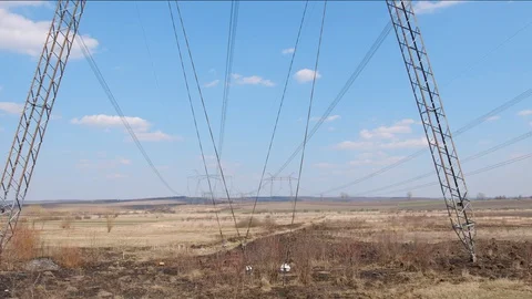 Long-distance power transmission lines. ... | Stock Video | Pond5