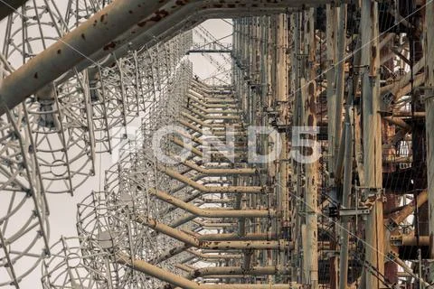 Looking up at the steel cages of the DUGA radar array in Chernobyl ...