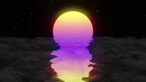 Looped Retro 1980s Synthwave Moon with Water ~ After Effects #138941577