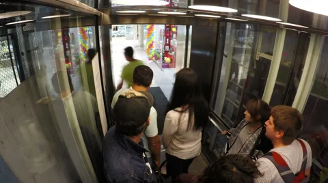 A lot of people inside the cabin lift in... | Stock Video | Pond5