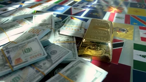 Lots of Gold and Dollars on World Flags | Stock Video | Pond5
